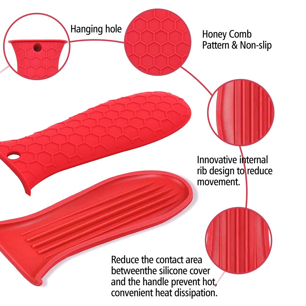 Cast Iron Skillet Handle Covers Silicone Hot Handle Holder,4 Pieces Pan Handle Sleeve Pot Holders Cover,Non Slip Rubber Pot Holders for Cast Iron Skillet Metal Pan (Red)