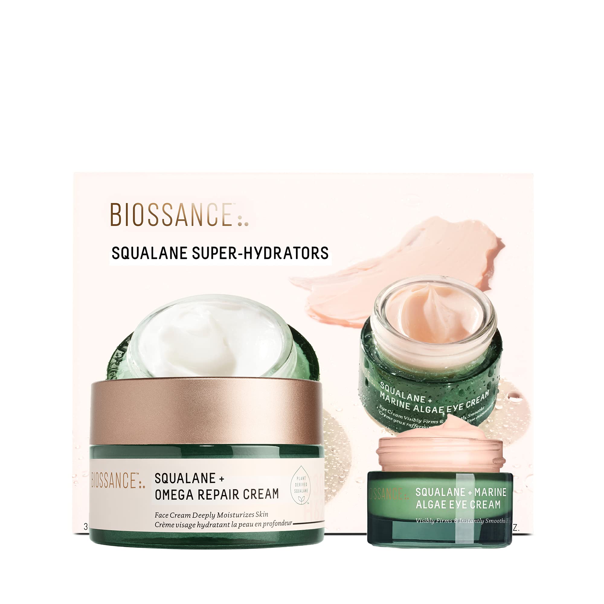 Biossance Super Hydrators Set. Limited Edition Full Size Squalane + Marine Algae Eye Cream (0.5 oz) Bundle with Squalane + Omega Repair Cream (1.6 oz). Moisturize, Firm and Smooth Fine Lines