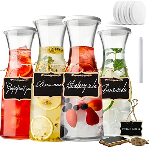 Set of 4 Glass Carafe Pitchers with Lids, Facilfeliz 1 Liter Beverage Pitcher Carafe Set for Mimosa Bar, Juice Container for Brunch, Cold Water, Juice, Milk, Iced Tea -With 4 Wooden Chalkboard Tags