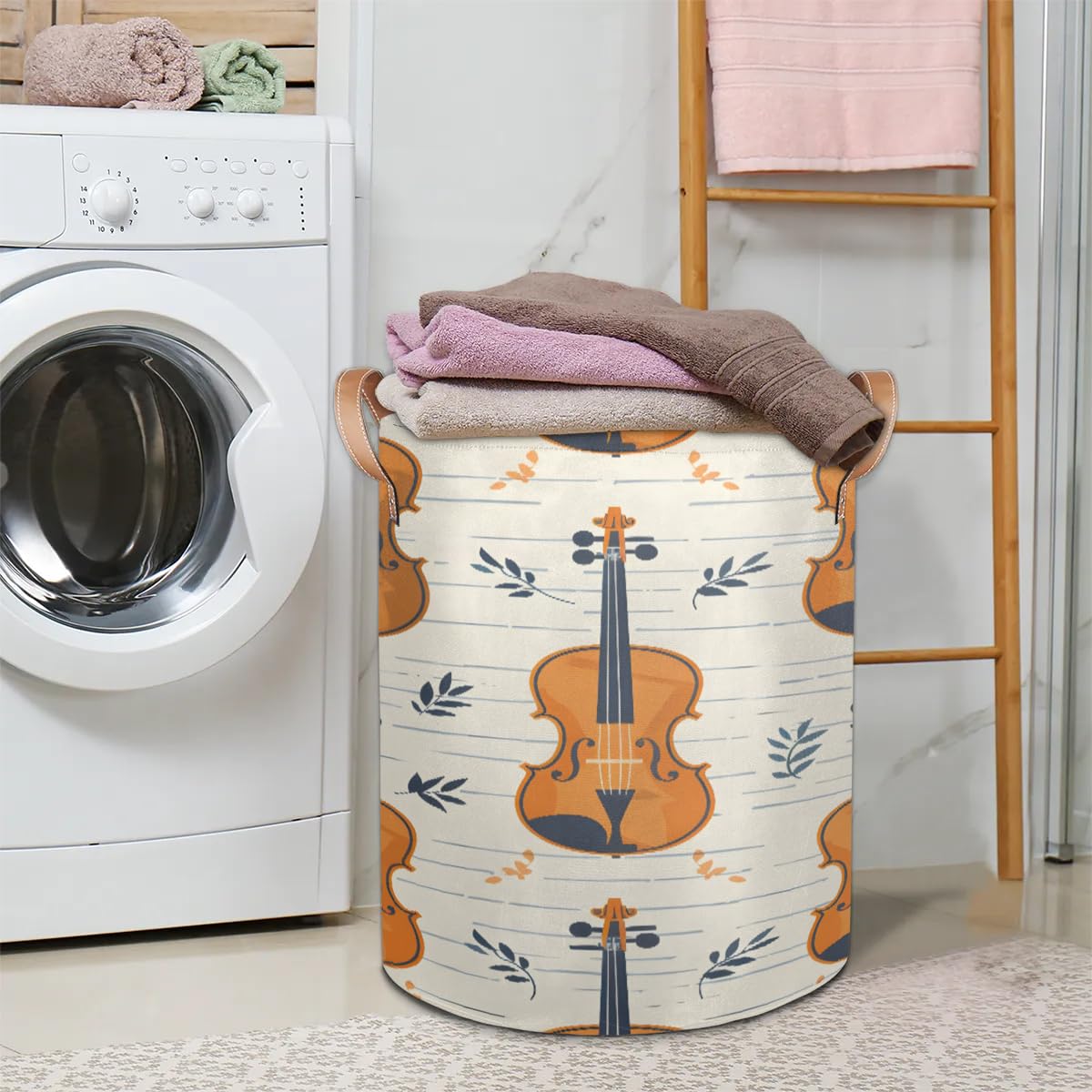 Custom Round Collapsible Laundry Baskets Violin Leaves Customized Large Toy Basket Personalize Hamper Dorm Bathroom Playroom Room Decor 16x20.8 Inch