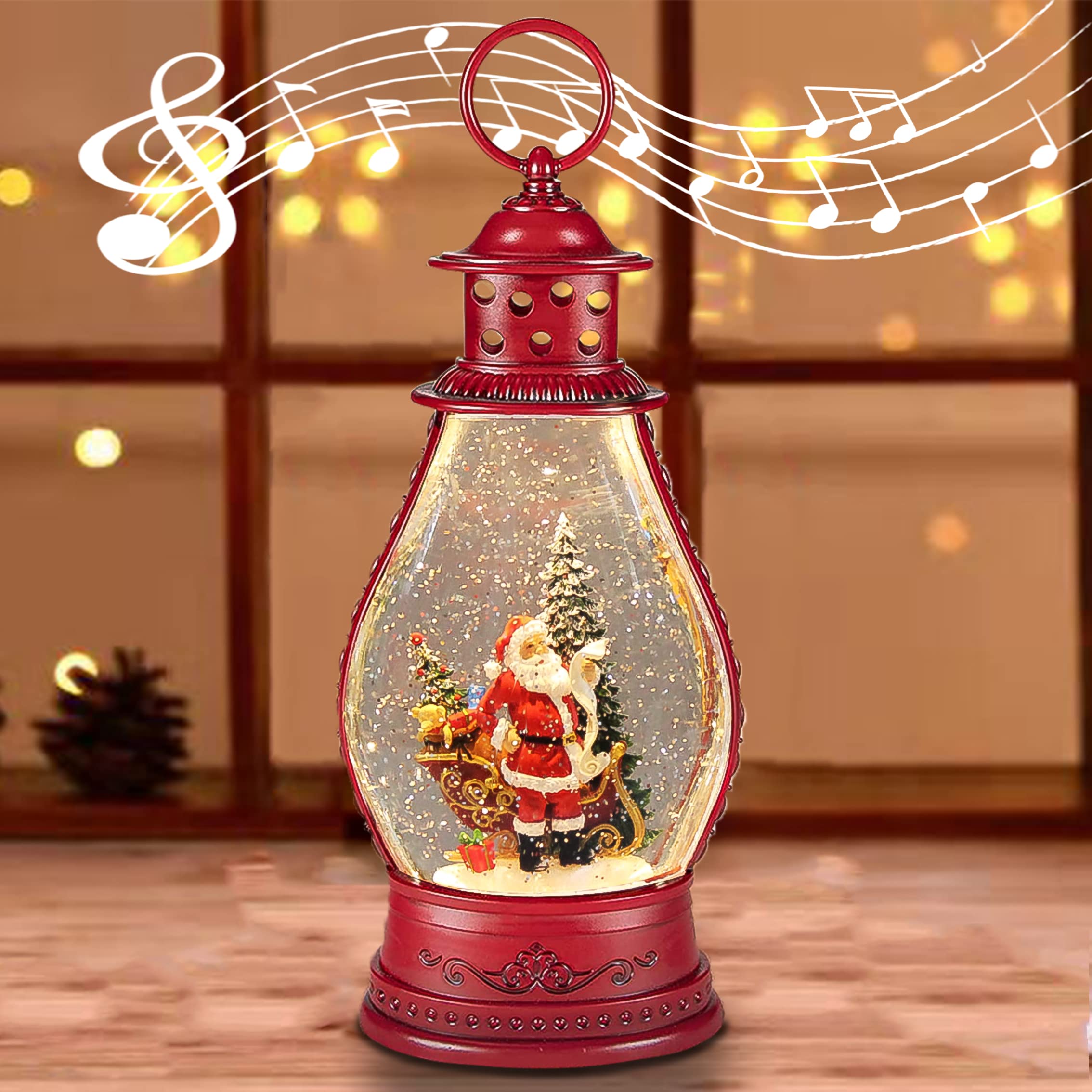 XPHOME Lighted Christmas Snow Globe Lantern Snowglobe Musical Battery Operated with Santa Claus Tree Glittering Swirling USB 6H Timer Home Decoration Holidays Decor and Gift