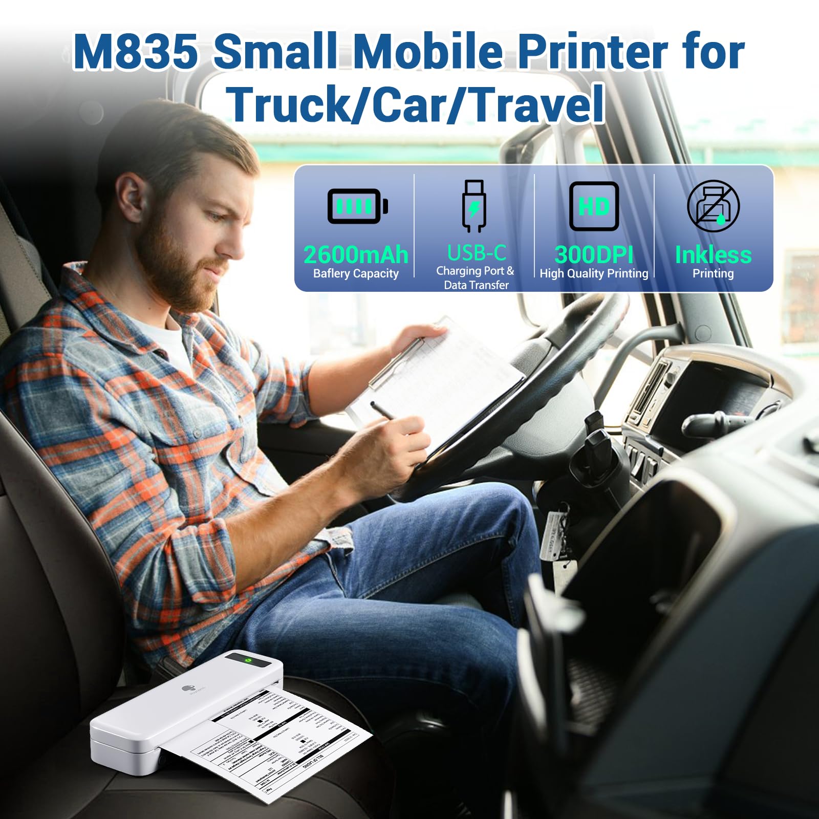 Phomemo Portable Printers Wireless for Travel, Inkless Printer Thermal M835, Mobile Printer Bluetooth Support 8.5"/A4/4.33"/3.15"/2.08" Thermal Paper Roll, Compact Printer Compatible with iOS&Android