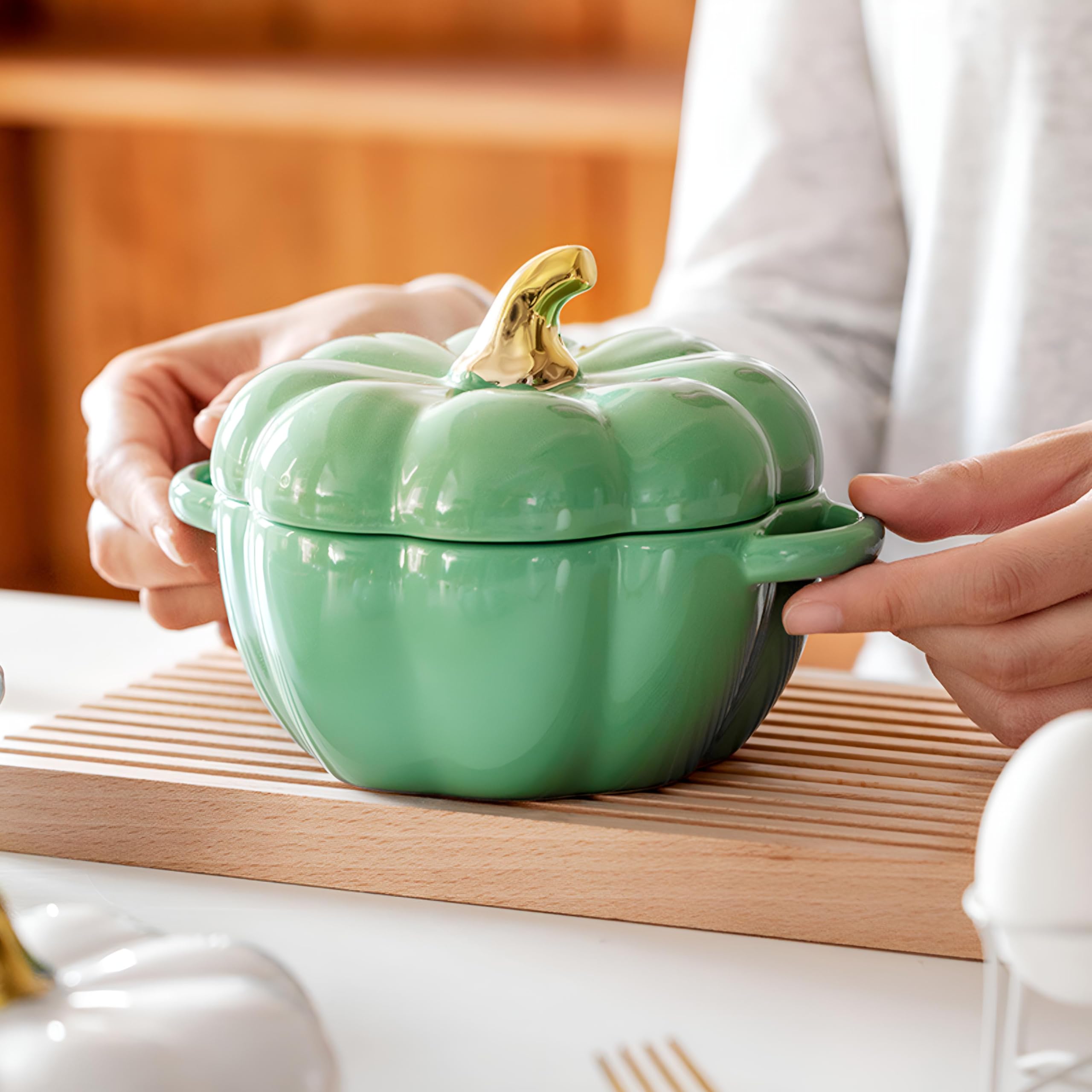 Drieamboat Pumpkin Bowl with Lid and Handle, 14 Oz Ceramic Ramekins for Baking, Mini Baking Dish Cute Pumpkin Bowl Casserole Dish Individual Severing Pot, Stoneware, Oven Safe (White)