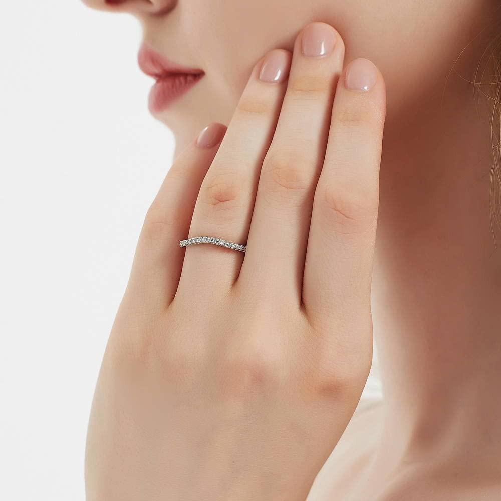 BERRICLE Sterling Silver Wedding Rings Cubic Zirconia CZ Curved Half Eternity Ring for Women, Rhodium Plated Size 7