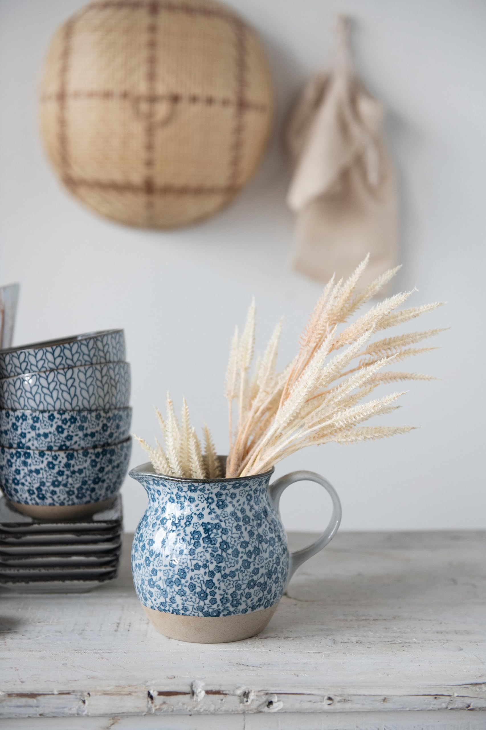 Creative Co-Op Hand-Painted Country-Style Stoneware Floral Print Pitcher, 6.25", Blue & White