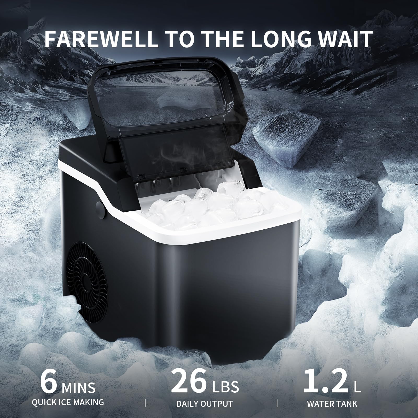 Crzoe Ice Makers Countertop,26.5Lbs/24H,Self-Cleaning Portable Ice Maker Machine with Handle,9 Bullet Cubes in 6 Mins,2 Sizes of Bullet Ice for Home/Kitchen(Black)