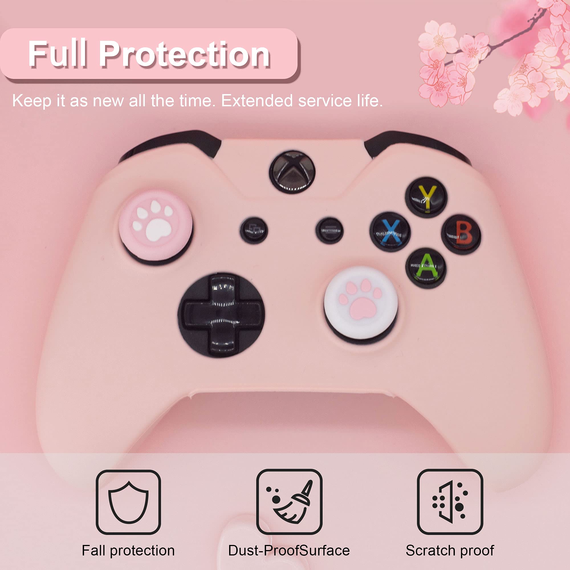 BRHE Cute Skin Cover for Xbox One / Series X/S Controller Anti-Slip Silicone Grip Protective Case Accessories Set Wireless/Wired Gamepad Joystick with 2 Cat Paw Thumb Grips Caps (Pink)