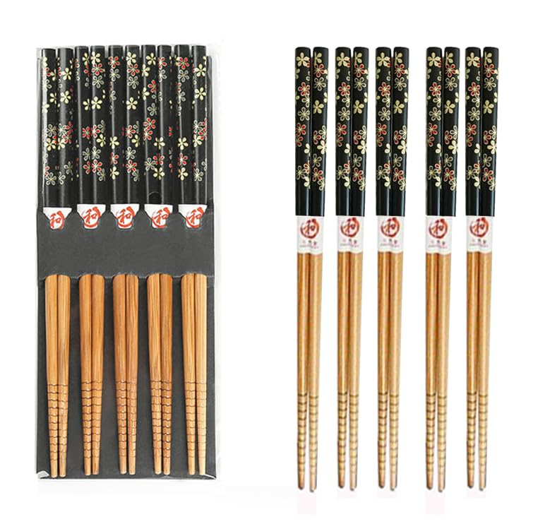 Slivek Natural Bamboo Reusable Chopsticks, 5 Pair Non-Slip Chopsticks Gift Set, Perfect for Sushi Rice Noodles, Chinese Tableware, 9 in / 23 cm