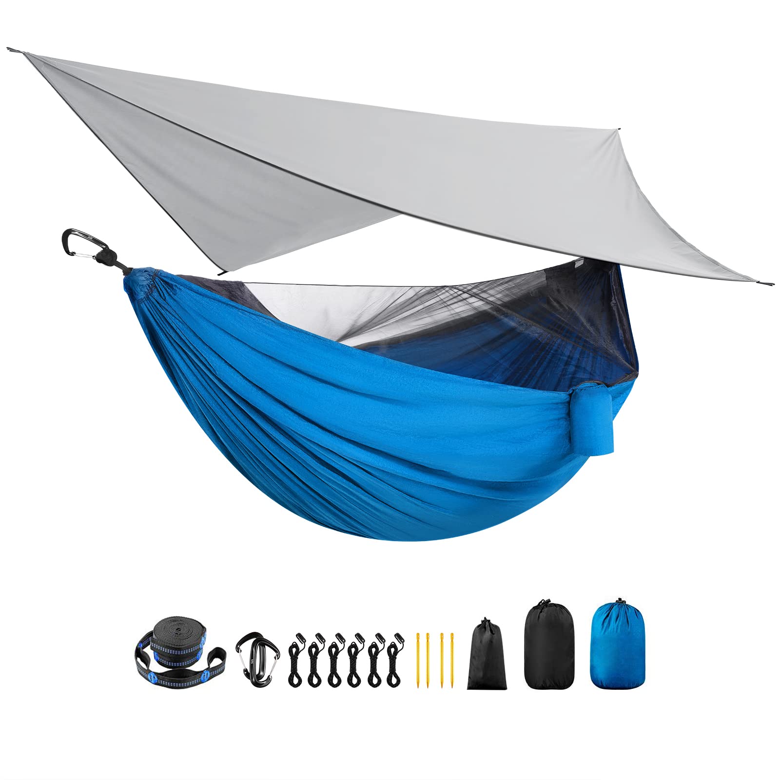 Camping Hammock - Portable Single Person Hammock w/Tree Straps Mosquito Net Rain Fly - Lightweight Travel Hiking Backpacking Hammocks - Parachute Nylon Hammock - Camping Accessories Gear Blue