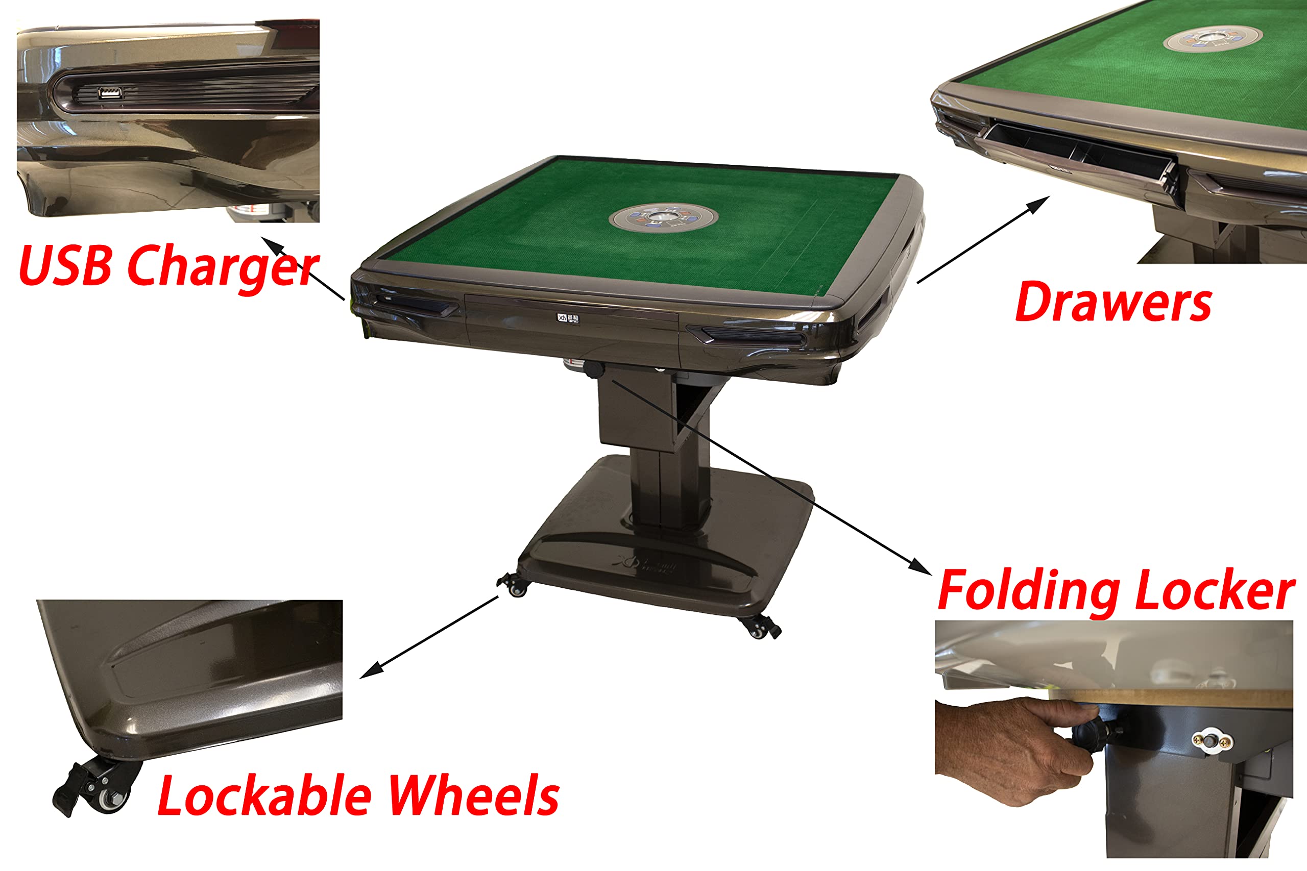 TRYHO Tornado Automatic Mahjong Table Gray Ultra-Thin Pedestal Folding Style with Tiles 宣和 超薄电动麻将桌 Electric Mah Jongg More Rounds No More Shuffling (44mm, Numbered Tiles)
