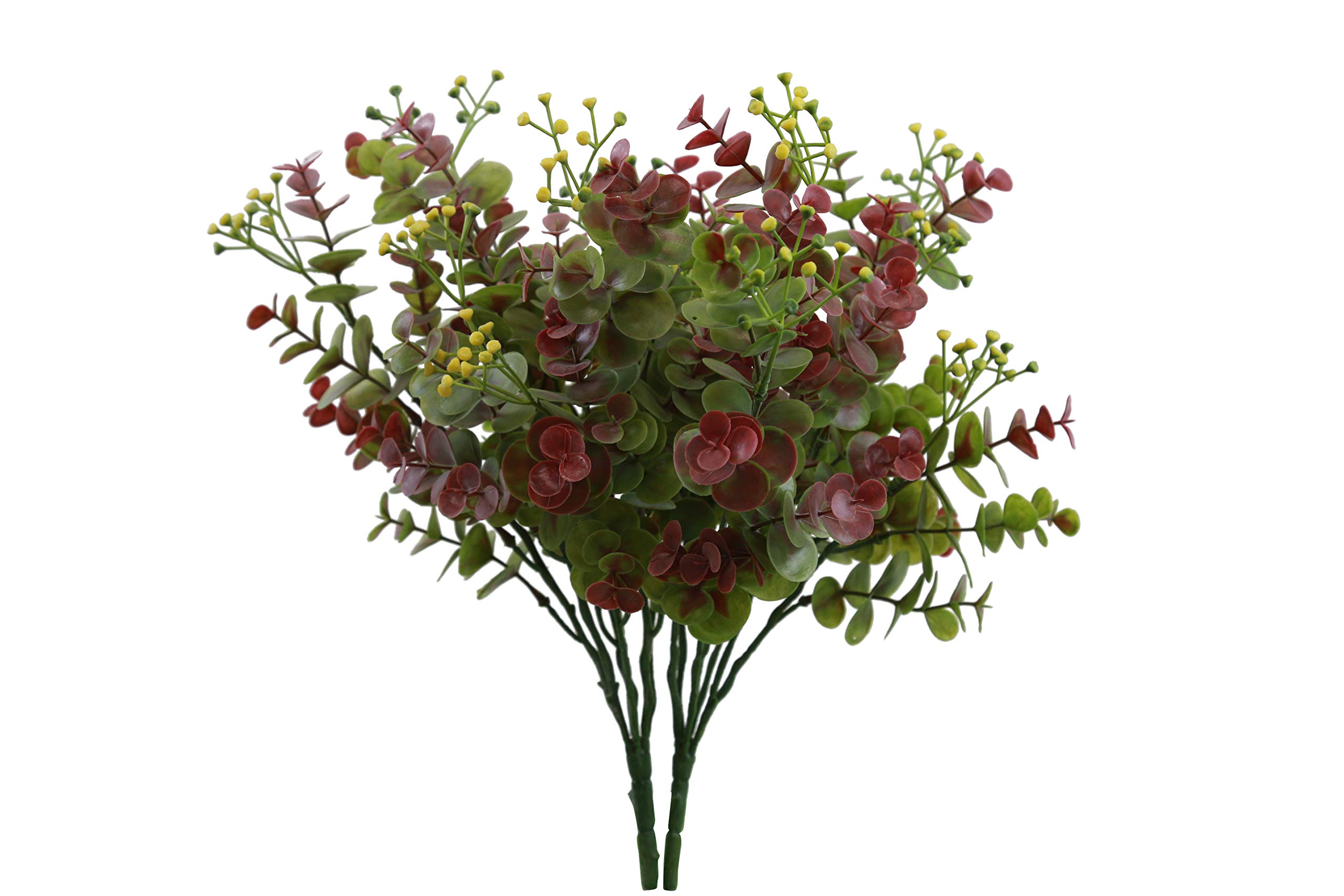 Season’s Need Décor Pack of 2 Faux Eucalyptus Leaves Spray, Artificial Greenery Stems Fake Eucalyptus Branches Plants for Greenery Wedding Jungle Theme Party (15”x5”) Green-Burgundy