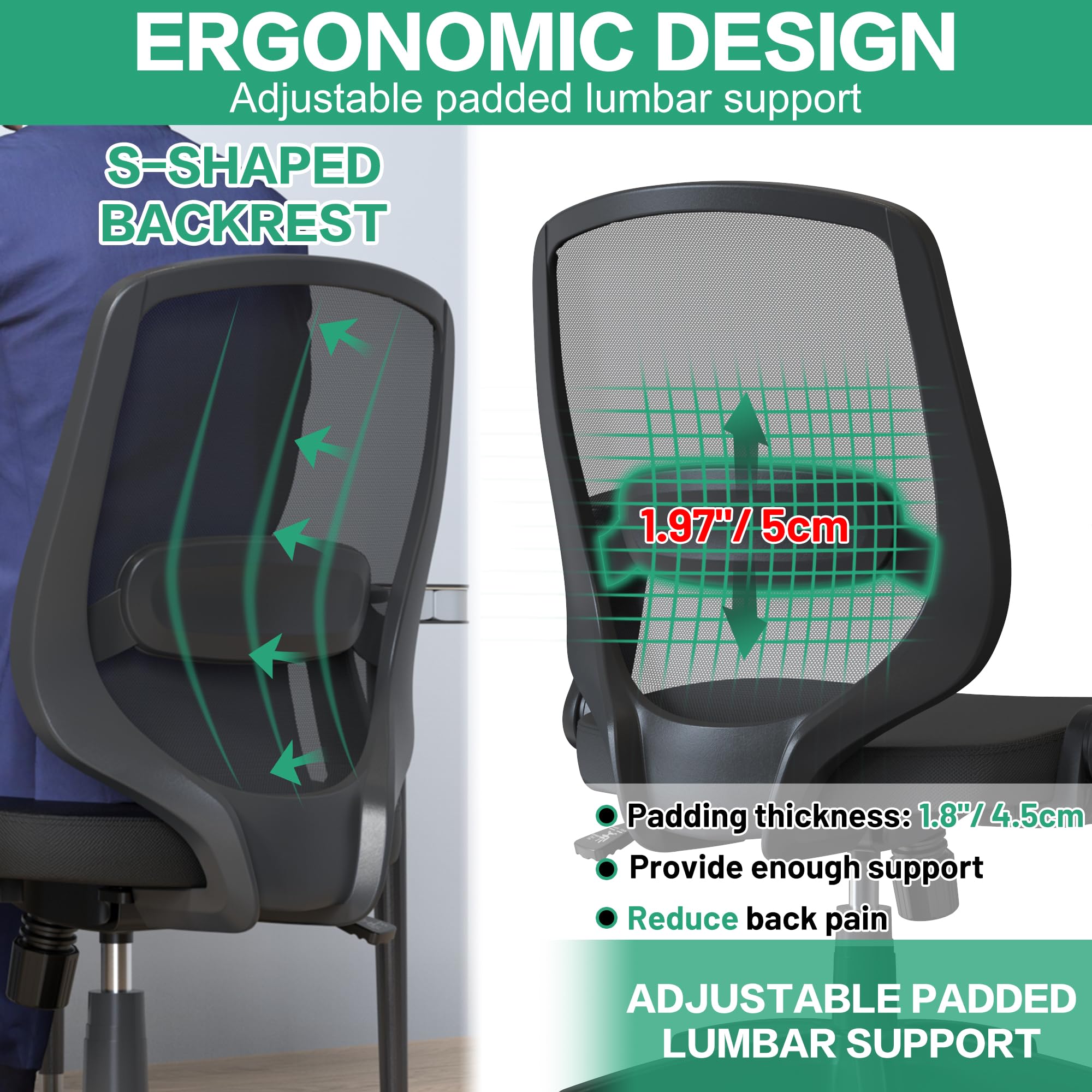 Ergonomic Swivel Mesh Back Office Computer Desk Chair for Home with Flip Up Arms and Adjustable Lumbar Support