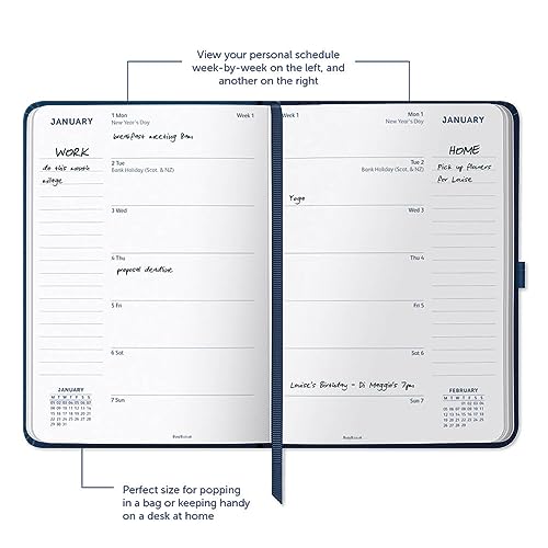 Busy B Busy Life Diary January to December 2024 - A5 Navy - Faux Leather Week to View Planner with Dual Schedules, Pen Holder and Pockets