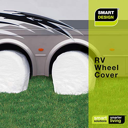 Smart Design RV Wheel Covers - Model 4 - Protects Against Rust & Outside Storage Damage - Trailer, Semi Trucks, Travel, & Large Vehicle Tires (2-Pack) (Fits 32-34.5" Diameter Wheels) [White w/ Felt]