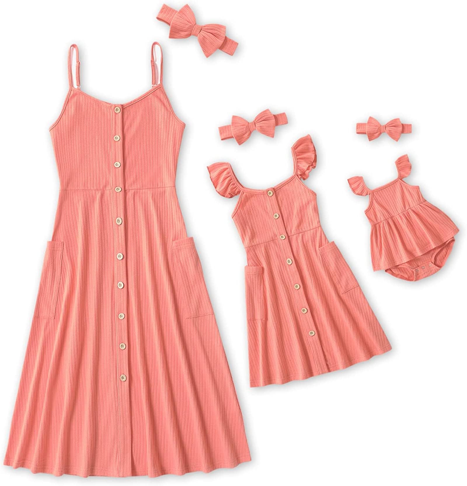 IFFEI Mommy and Me Dresses Matching Set Solid Front Button Family Matching Sleeveless Dresses with Headband and Pockets 3-6M Cora