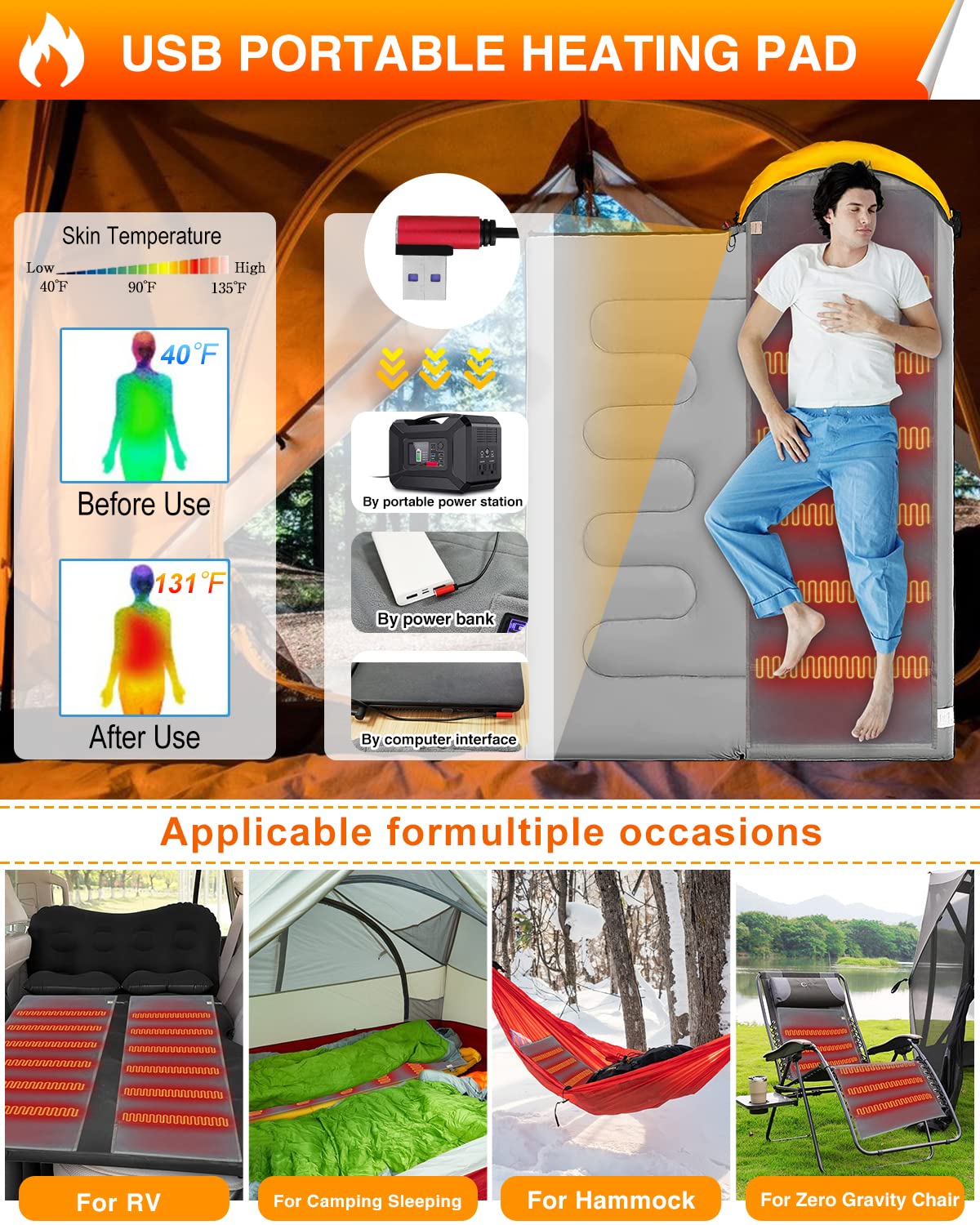 Camping Heated Sleeping Bag Pad - Battery Operated Heating Pad Rechargeable USB Powered Heater for Outdoor Tent
