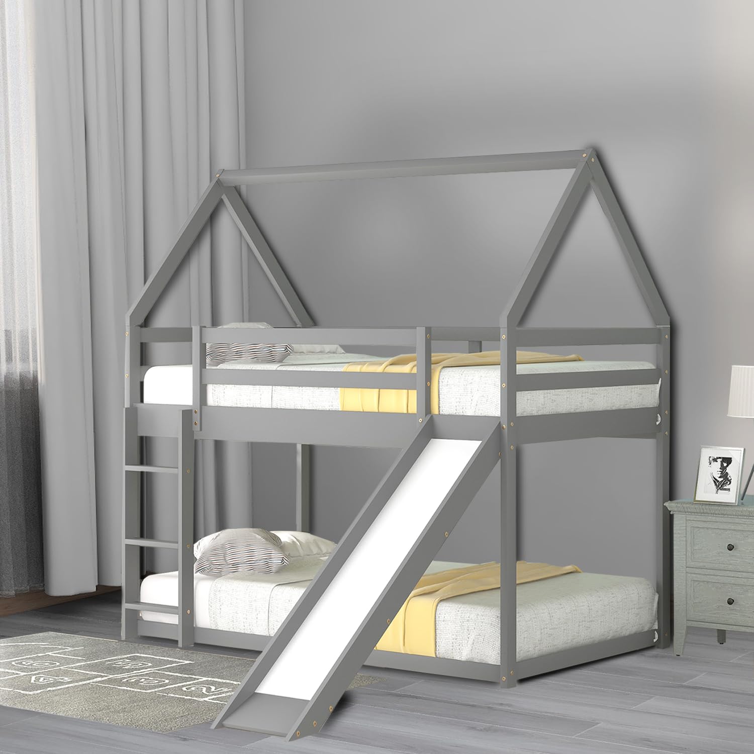 LostCat Twin Over Twin Bunk Bed with Slide,House Shaped Wooden Bunkbeds w/Safety Guardrail and Ladder,No Box Spring Needed,Suitable for Girls Boys,Grey