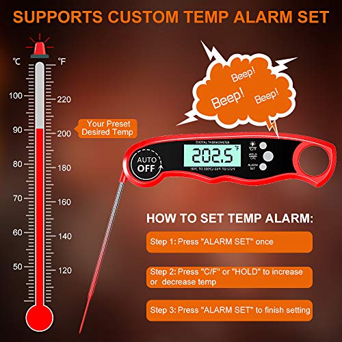 COMSOON Digital Meat Thermometer, Instant Read Cooking Thermometer with Dual Probe, Kitchen Food Thermometer with Alarm Setting, Backlight & Magnet for BBQ Grill Smoker Oven Oil Candy-Red