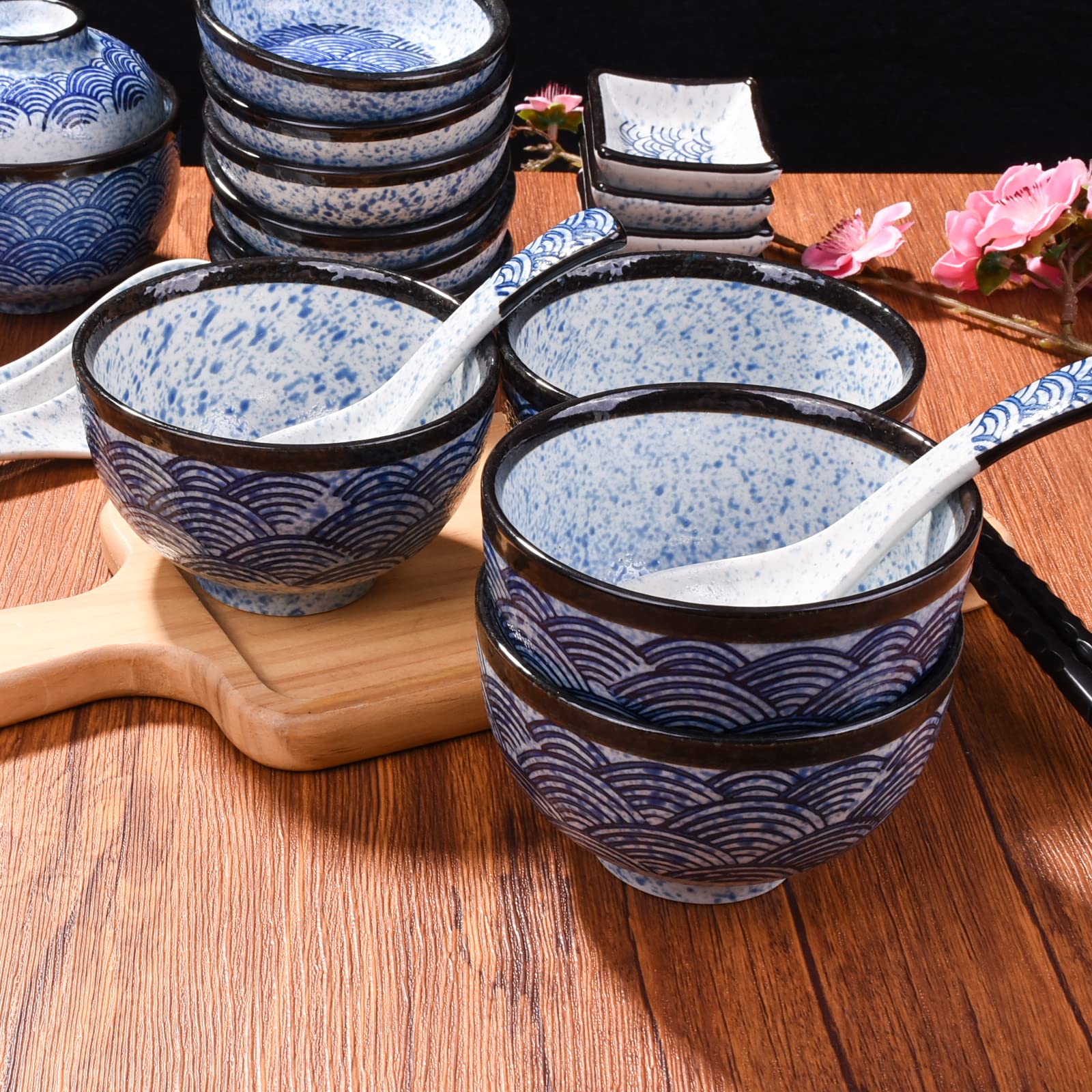 Cerficer Japanese Rice Bowl - 10.2oz Ceramic Sushi Bowl with Blue Wave Pattern,Thickened Bowl Wall,Perfect Small Bowl for Rice, Snacks, Desserts, and Sauces,Asian Rice Bowl Set