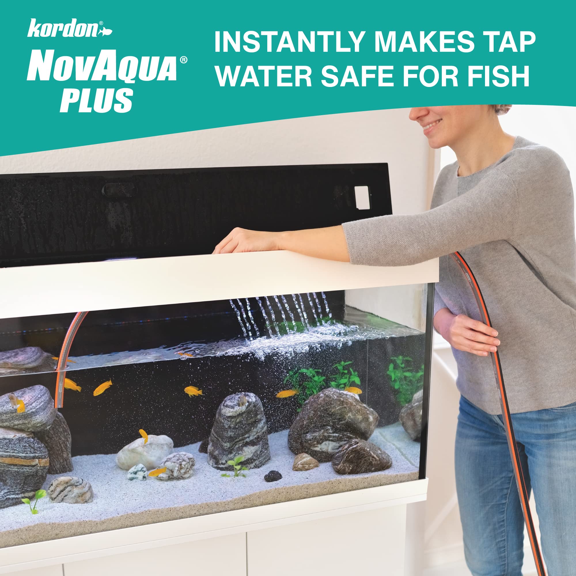 Kordon NOVAQUA Plus - Freshwater & Saltwater Aquarium Water Conditioner โ Instantly Detoxifies Chlorine, Chloramines, & Heavy Metals, Replaces Fish Slime Coat, Reduces Fish Stress, 16 Ounces