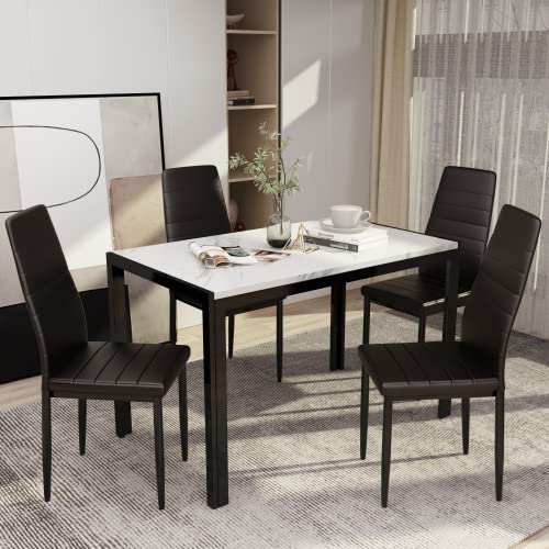 Lamerge Faux Marble Dining Table Set for 4,5 Piece Dining Room Table Set,Rectangular Table and 4 PU Leather Chairs for Living Room,Dining Room,Breakfast Nook,White&Black, (LMDT-wb)