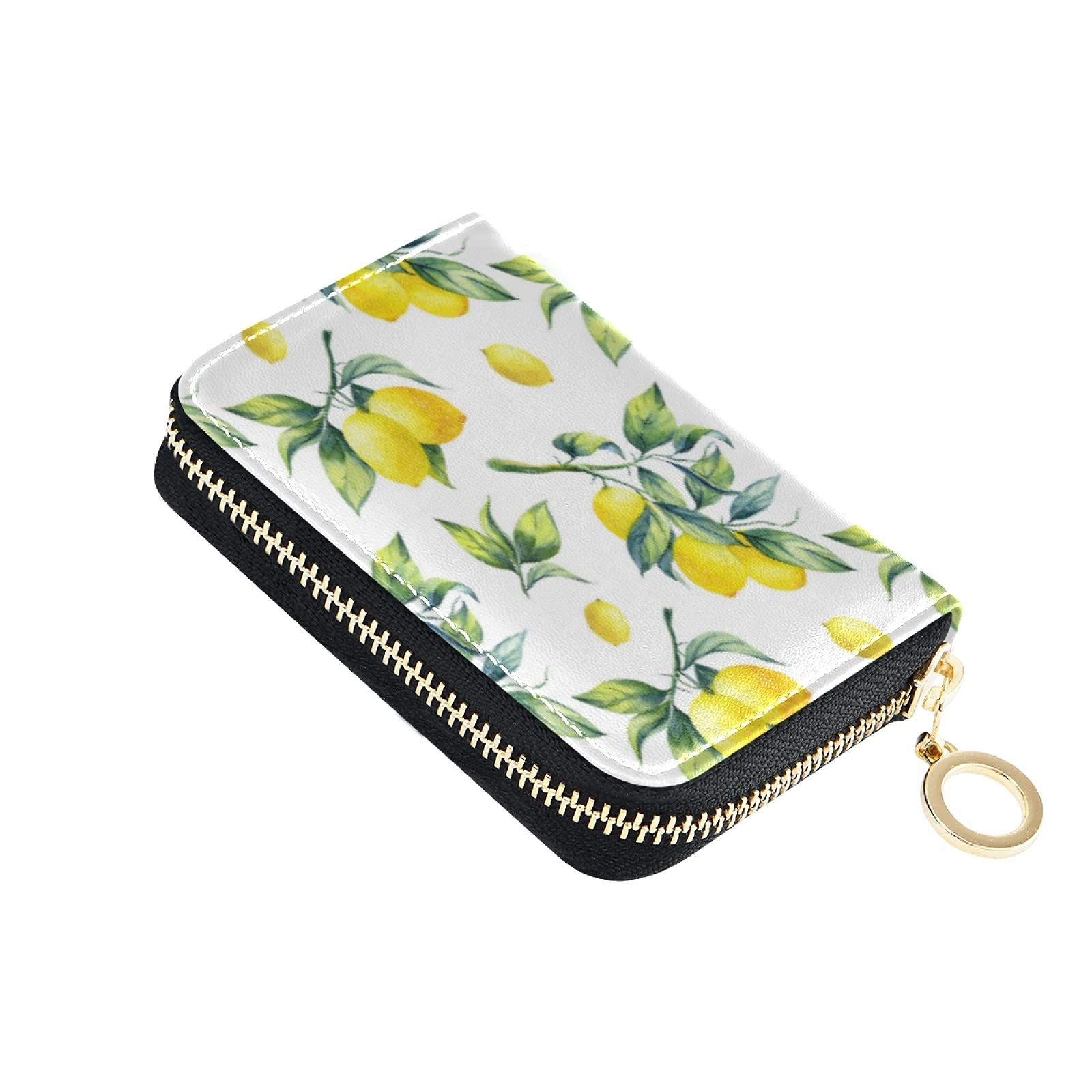 Yellow Lemon With Green Leaves Seamless On White Grey Credit Card Coin wallet, RFID Blocking Compact Women Leather Card Holder, Key Change Organizer, Zipper Purse Clutch Pouch Pocket