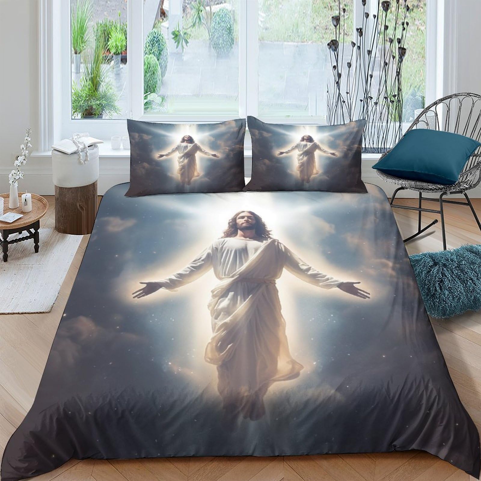 ERGTT Jesus Quilt Cover 3D Printed Beautiful Angel for Boys Girls Comforter Covers Duvet Cover with Pillow Cases with Zipper Closure Bedding Set Soft Microfiber 3 Pieces Full(203x228cm), Style-2