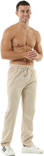 HOEREV Men Casual Beach Trousers Linen Summer Pants, Beige, Large
