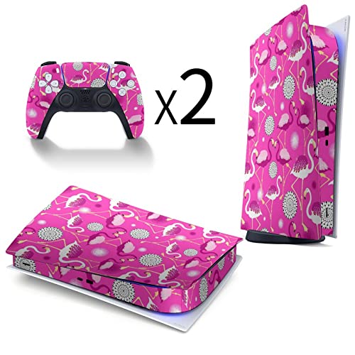 Bright Pink Flamingos Full Protective Skin Cover Design Wrap Decal Sticker Compatible with PS5 Digital Edition Console and Controller