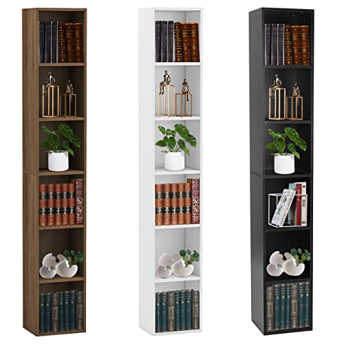 HOFFREE 6-Tier Narrow Bookcase Tall Wood Bookshelf Cabinet Cube Organizer Book Shelves Display Storage Shelves Rack for Small Spaces Home Office Living Room - Black