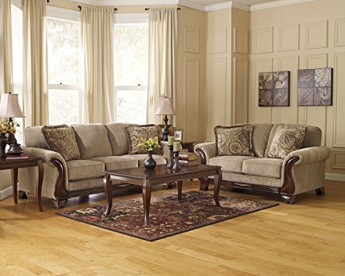 Signature Design by Ashley Lanett Traditional Faux Wood Detail Loveseat with 2 Accent Pillows, Beige