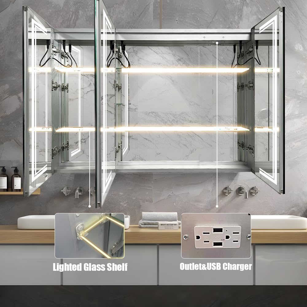 Janboe Large Medicine Cabinet with Lights,Aluminum Mirror Cabinet,Glass Shelf Illumination,USB Shaver Socket,3 Colors,Dimmable,Demister,48×32inch
