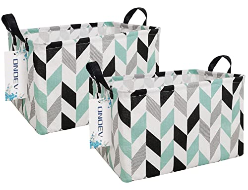 ONOEV 2 Pack Rectangular Fabric storage box,decorative basket and finishing basket with handle are used for the storage of clothes,books and sundries(2 Pack Green geometry)
