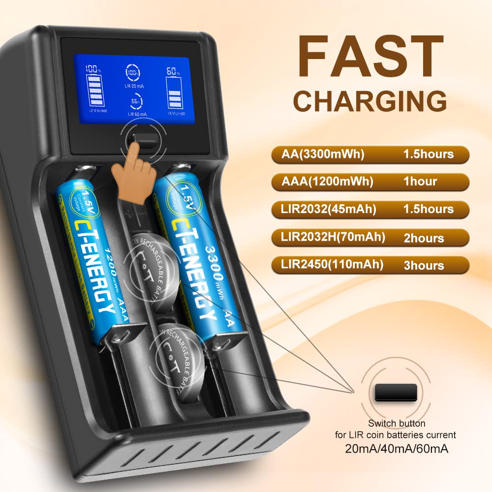 CT-ENERGY Rechargeable 2032 2450 Lithium Coin Button Batteries Charger Smart Recargeable Batteries Charger AA AAA of Lithium/NI-MH/NI-CD
