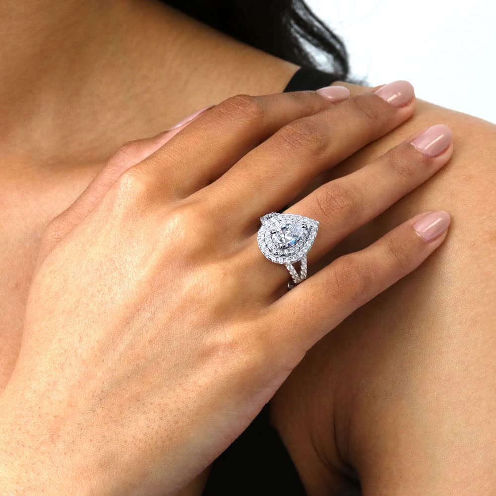 BERRICLE Sterling Silver Halo Wedding Engagement Rings Pear Cut Cubic Zirconia CZ Statement Cocktail Split Shank Ring for Women, Rhodium Plated Size 5