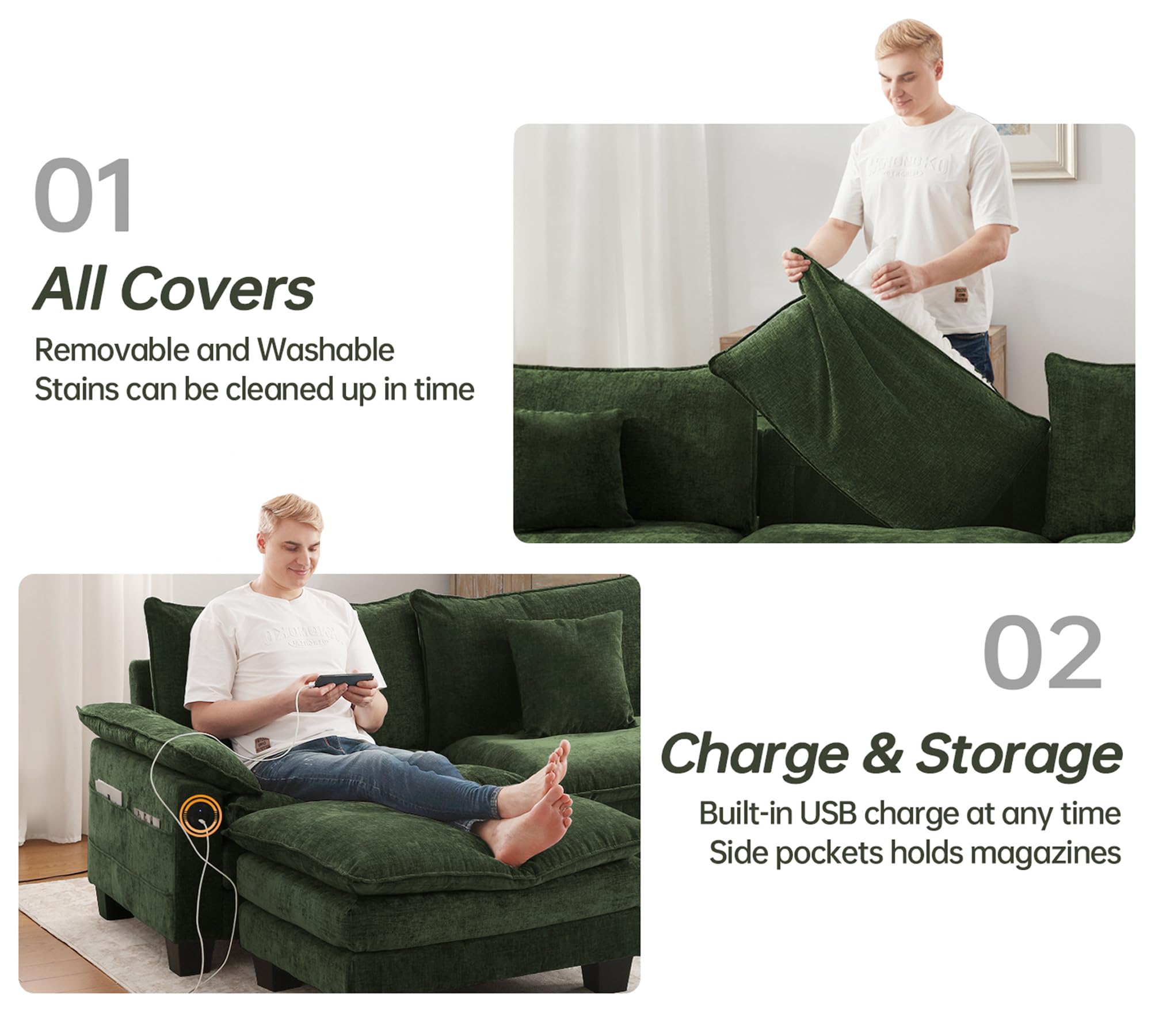 DURASPACE Modular Sectional Sofa 144'' Cloud Couch U Shaped 4-Seater Sectional Couches with 2 Movable Ottoman, USB, Comfy Sectionals Sofa for Living Room (Chenille Green)
