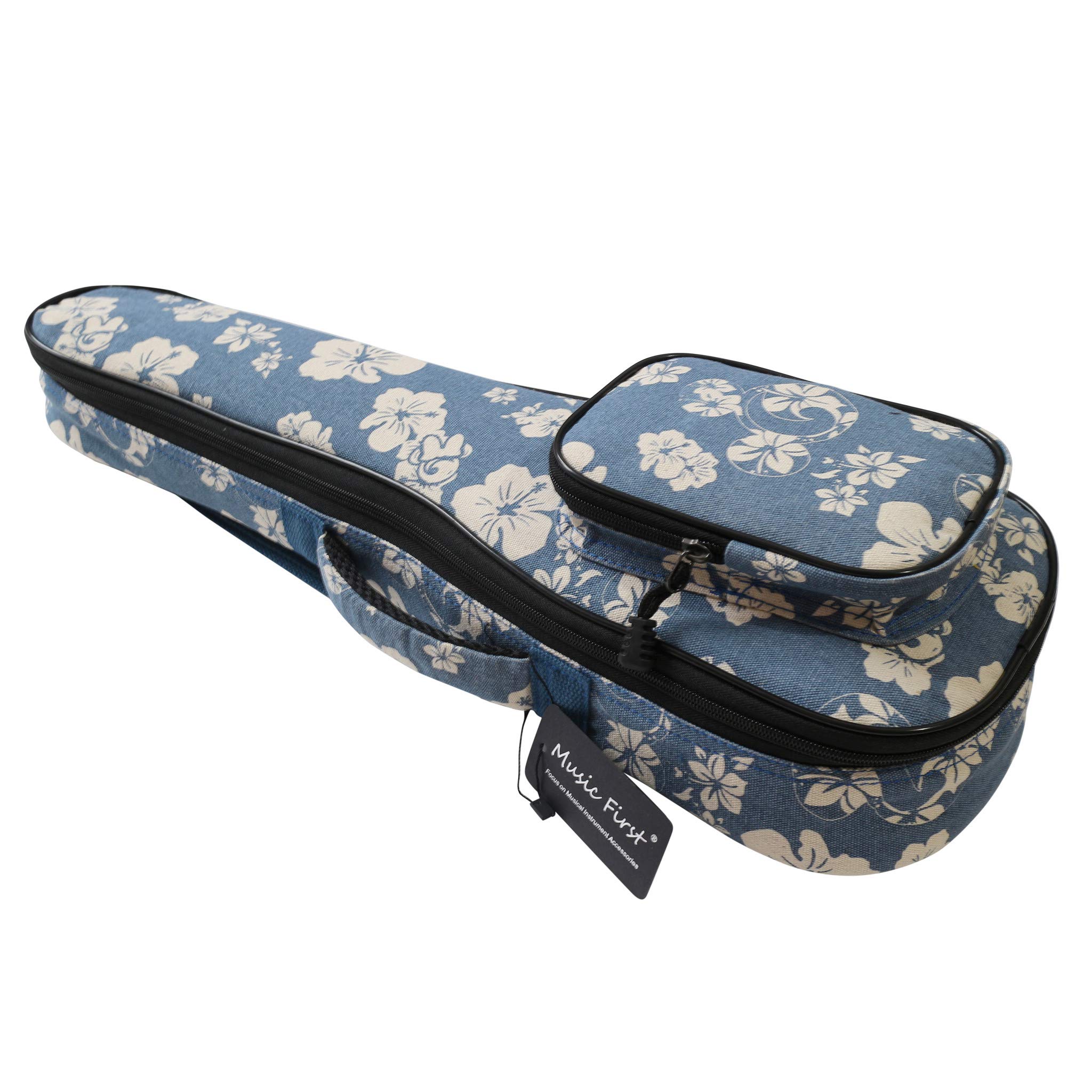 MUSIC FIRST Original Design 0.5" Thick Padded Hawaii Style “Blue and White Plumeria” Canvas Ukulele Case, Ukulele Bag, Ukulele Cover,(Fit for 26~27 inch Tenor Ukulele)