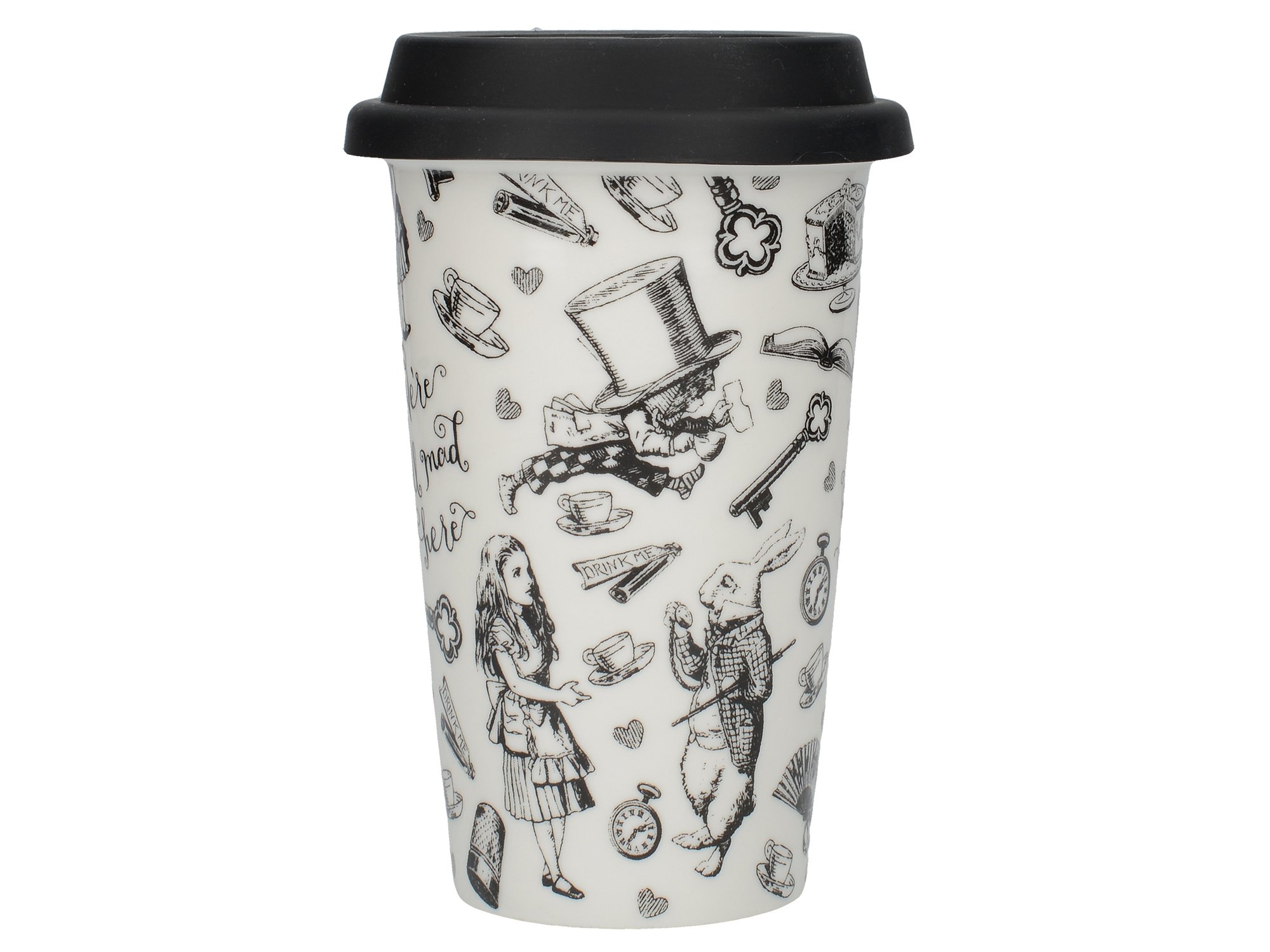 CreativeTops Victoria and Albert 'Alice in Wonderland' Ceramic Travel Mug – Black and White