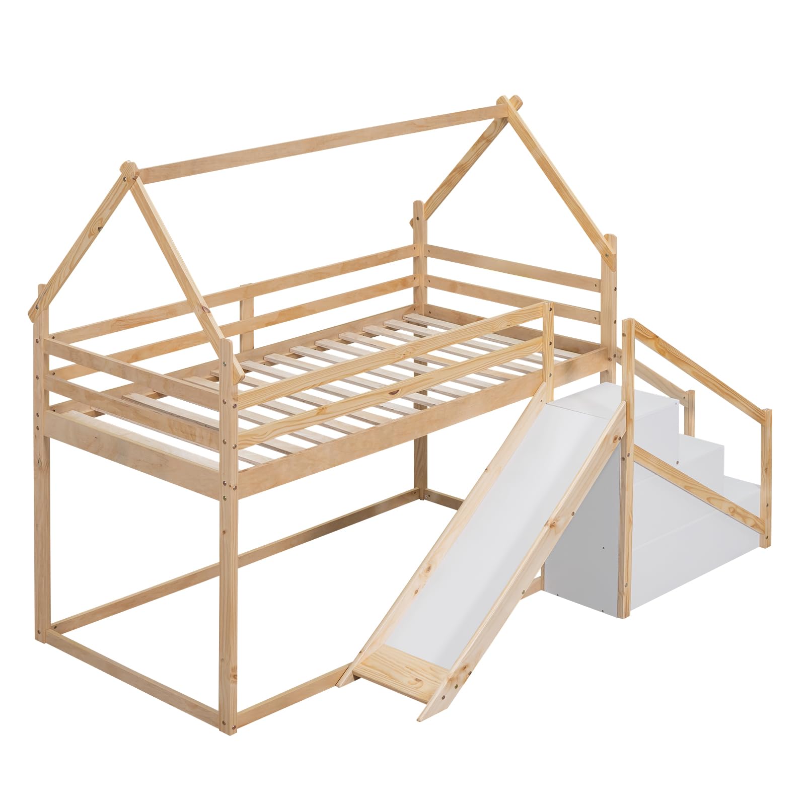 Harper & Bright Designs Twin Over Twin Bunk Bed with Slide and Staircase, House Bunk Bed for Kids, Wood Loft/Bunk Bed Frame with Storage for Kids Teens Boys Girls, (Natural)