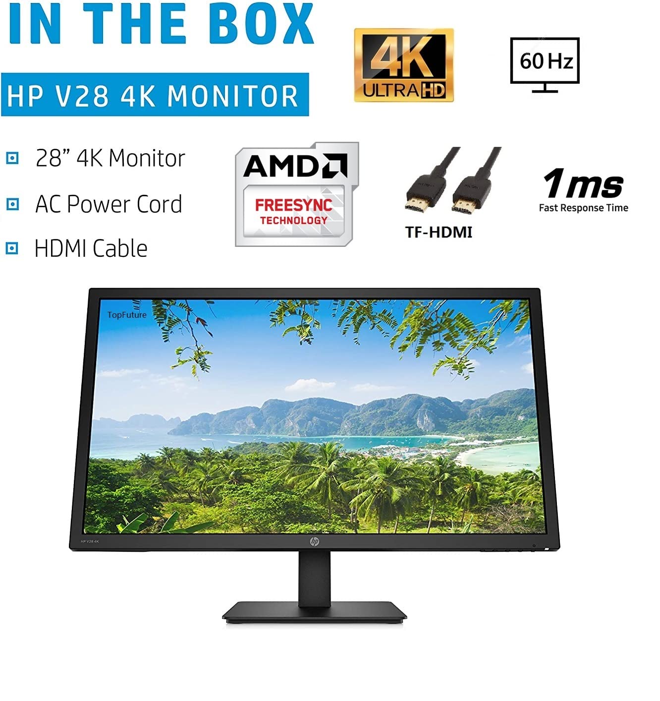 HP New Premium v28 4K Monitor: 28" UHD 3840 x 2160 (4K) TN Slim-Edge Display, AMD FreeSync Tech, Height/Tilt Adjustment, HDMI, DisplayPort, 1ms Response time, 16:9 Aspect Ratio, 60Hz, TF HDMI Cable