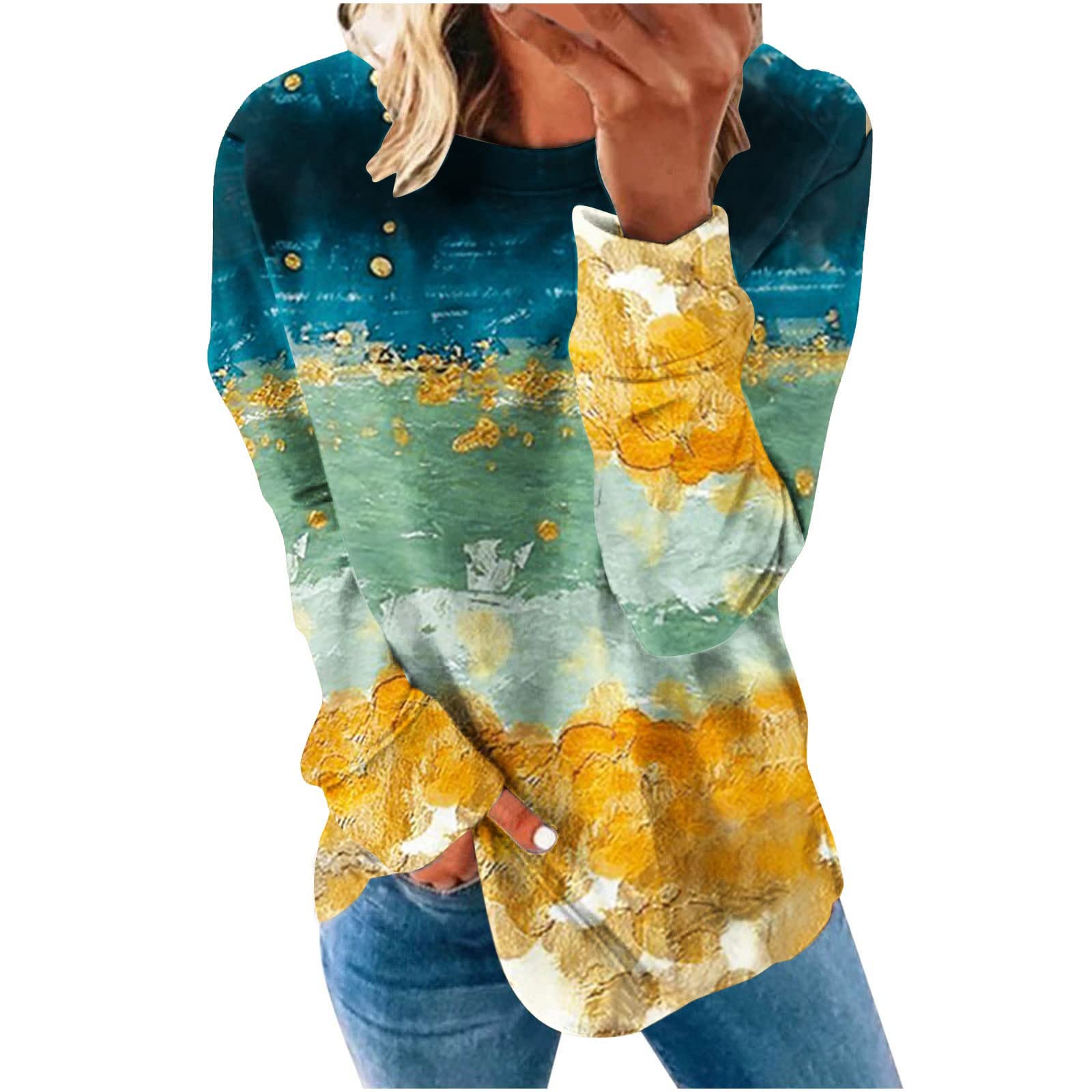 Ceboyel Womens Crew Neck Sweatshirt 2023 Striped Color Block Blouese Shirts Long Sleeve Pullover Tops Fall Fashion Clothes Trendy Hoodies for Teens 2023 Yellow Xl