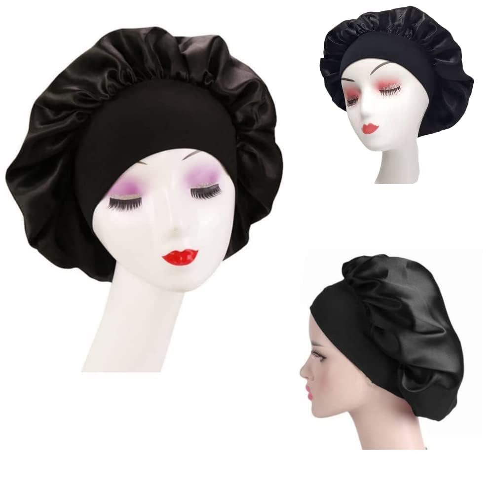 LFRNZS Satin Bonnet, Sleep Cap for Women Hair Care,Sleeping Hair Bonnet, Soft Wide Elastic Band Silk Bonnet, Night Bonnet (Black)