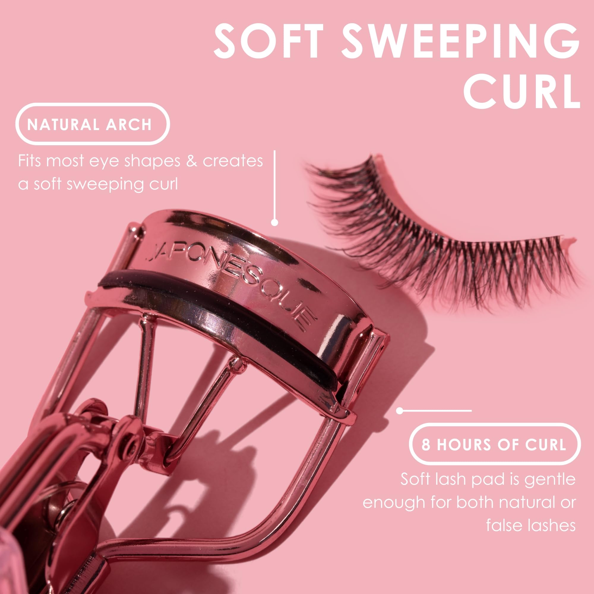 JAPONESQUE Comfort Grip Lash Curler for Natural & False Lashes, Round Shaped Eyes, Includes 1 Refill Pad, Holds Curl up to 8 Hours