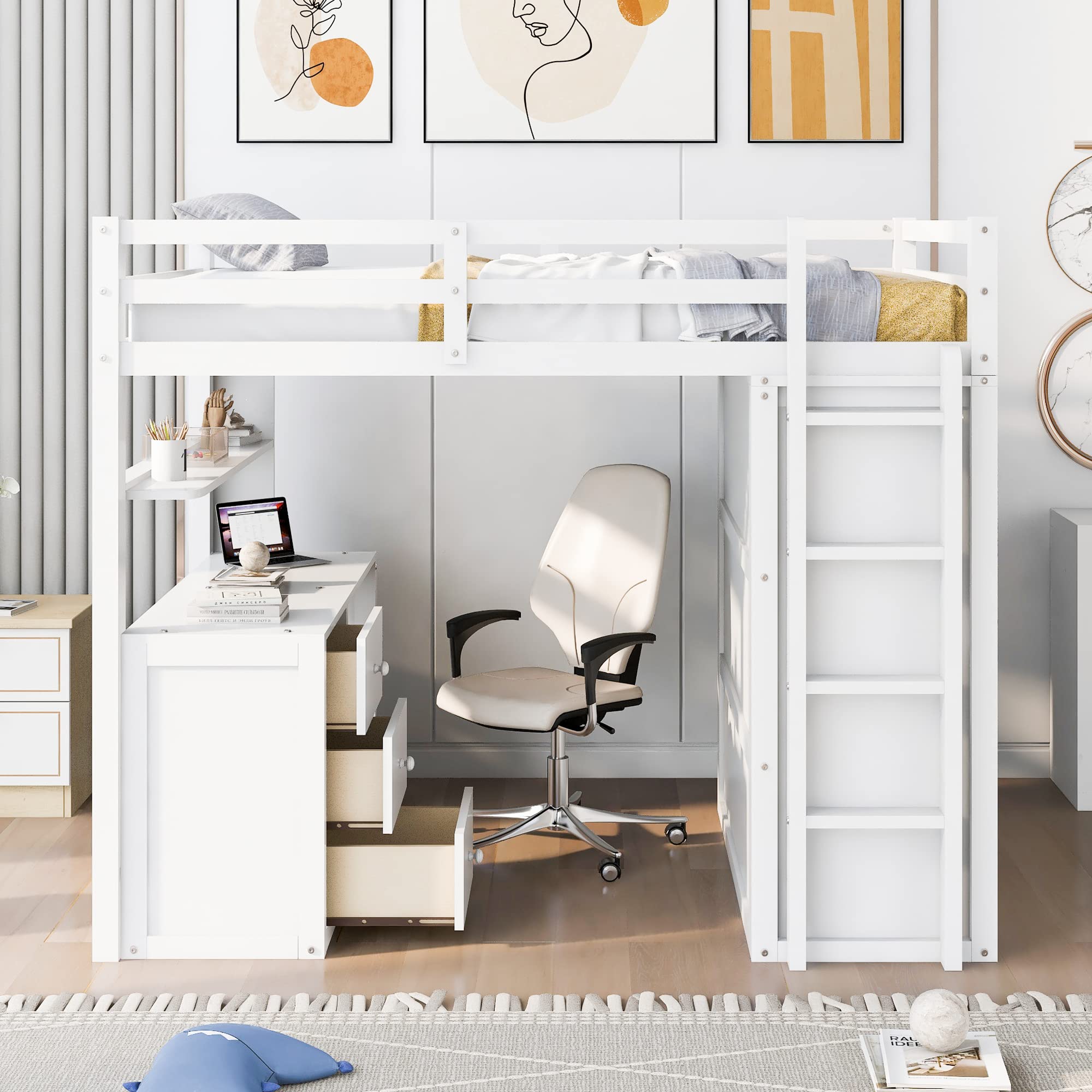 Harper & Bright Designs Full Size Loft Bed with Desk and Wardrobe, Solid Wood Loft Bed Frame with Storage Drawers, for Kids Teens Adults (Full, White)