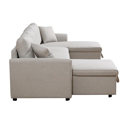 Eafurn Reversible Sleeper Sectional Sofa with Double Storage Chaise Lounge, U Shape Convertible Pull Out Couch Bed, 5 Seater Corner Sofabed Sofacama w/Throw Pillows for Living Room Office, Beige 113"