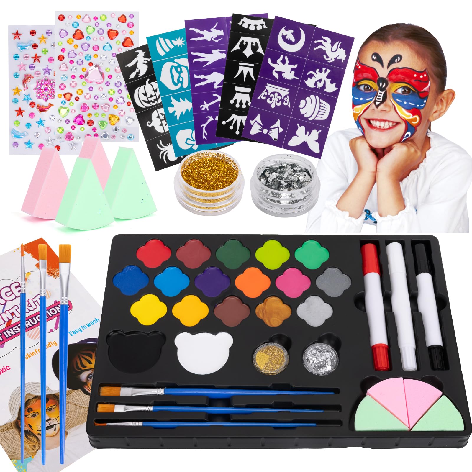 Face Painting Kit for Kids,18 Colors Face Paint Kit with Stencils Professional,Water Based Non Toxic Facepaint Makeup Kit with Gem Sticker Brushes Crayons for School Carnival,Halloween,Christmas Party