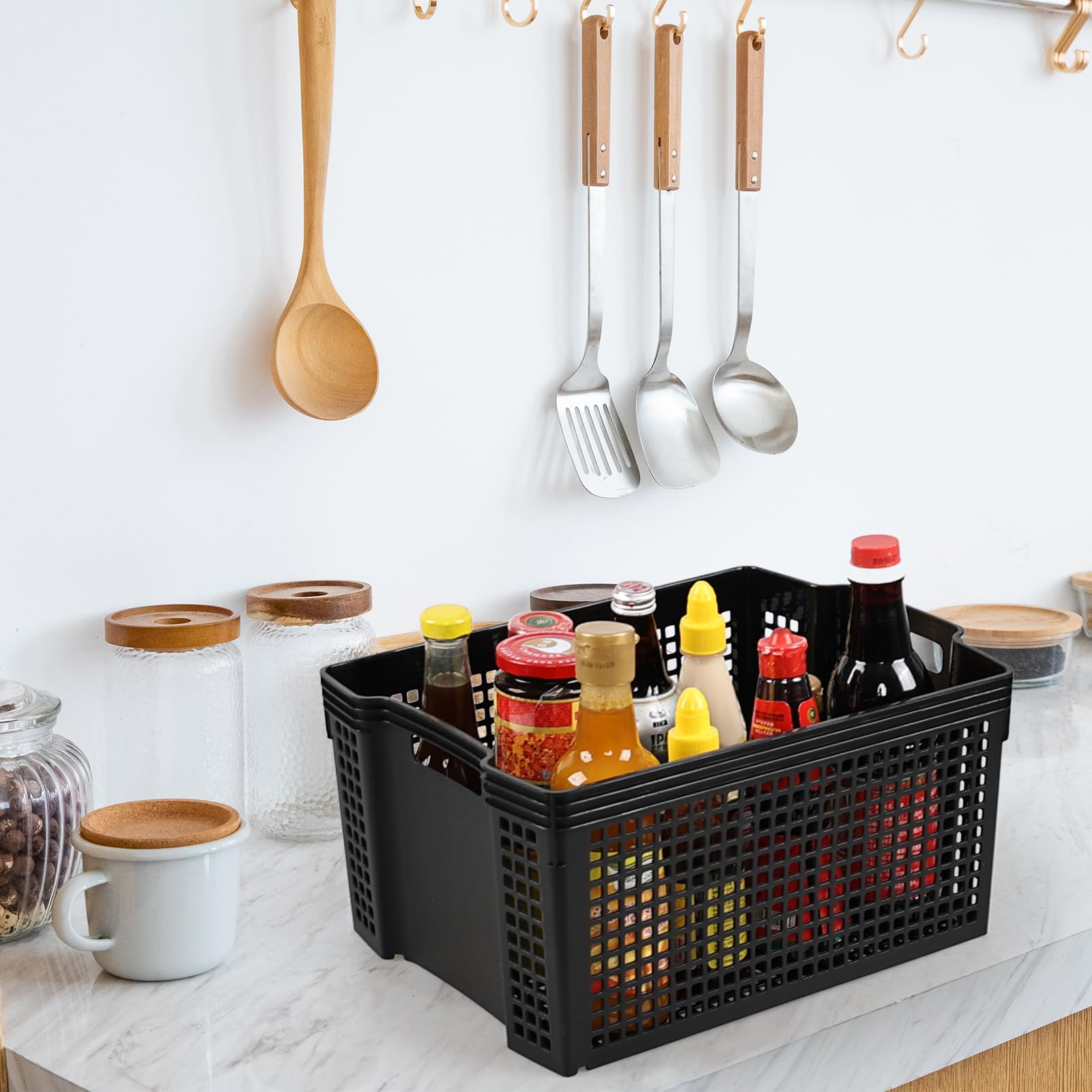 Eagrye Set of 12 Black Plastic Storage Basket for Pantry Organizing, Plastic Stackable Storage Basket for Shelf
