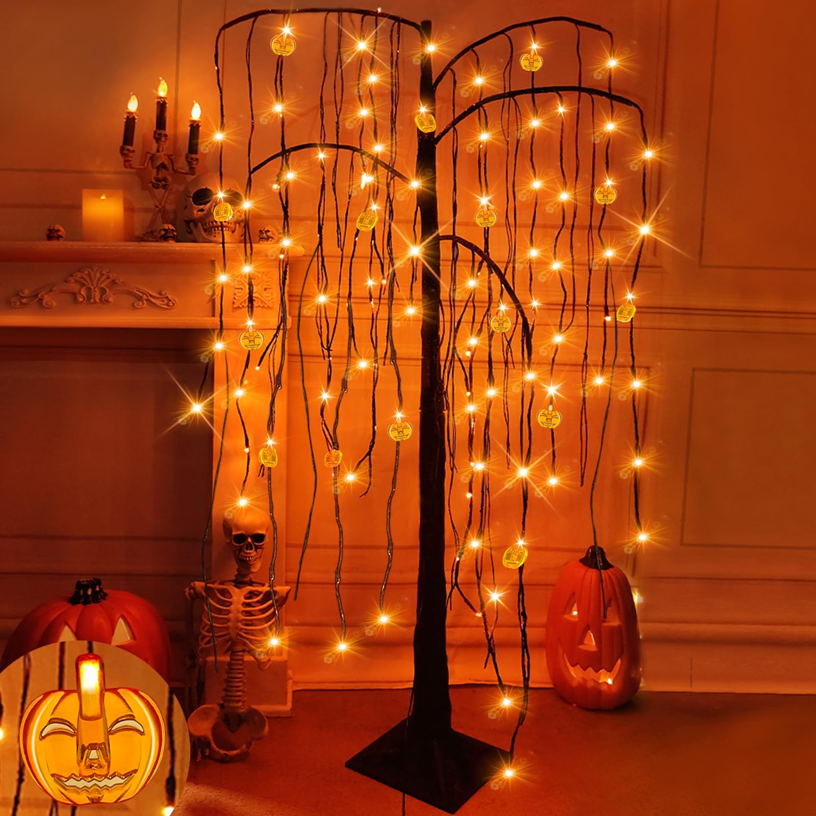 TURNMEON 5 Feet Lighted Halloween Tree Decor with Timer,108 LED Black Scary Willow Tree Purple Lighted 24 Spiders Ornaments Halloween Decorations Outdoor Indoor Holiday Home Yard Garden(Adapter/Timer)