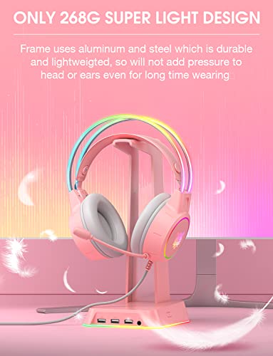 SIMGAL Gaming Headset with Mic, 3.5mm Lightweight Headphones with RGB Aluminum Frame, Surround Sound, Compatible with PS4 PS5 Xbox One(Adapter Not Included) PC Mobile Phone (Pink Without Antler)