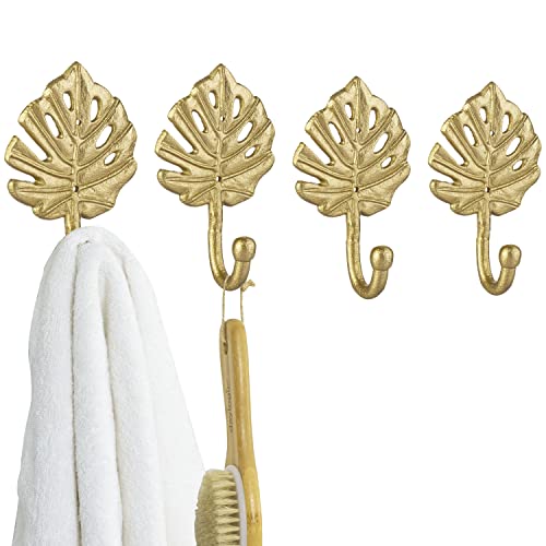 MyGift Vintage Gold Leaf Design Wall Hanging Hooks, Metal Monstera Leaves Wall Mounted Entryway Storage Coat Hooks, Set of 4 - Handcrafted in India